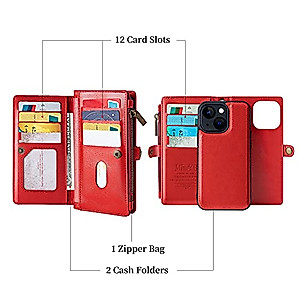 MInCYB Wallet Case Compatible with iPhone 13 Pro Max, Zipper Case with RFID Blocking Card Holder Slot, Magnetic Detachable Zipper Purse with Wristlet Strap, Leather Cover for iPhone 13 Pro Max. Red