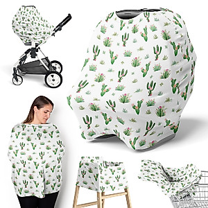 Sweet Jojo Designs Cactus Floral Girl Infant Baby Car Seat Cover Nursing Breastfeeding Shopping Cart Stroller Canopy - Pink and Green Boho Bohemian Watercolor Shabby Chic Desert