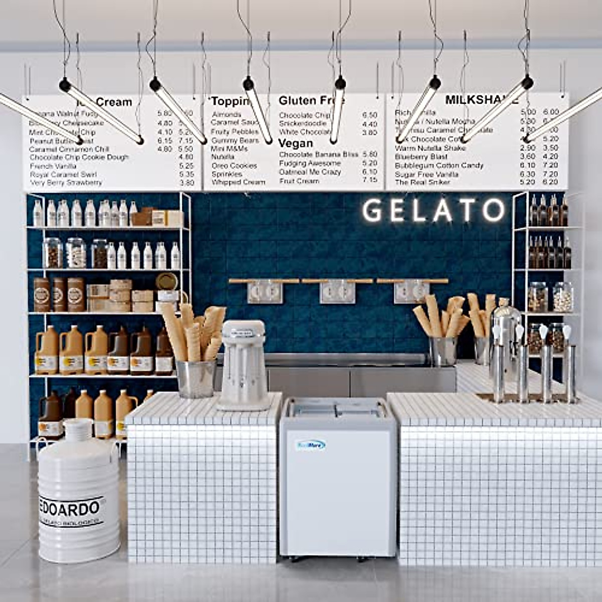 Koolmore 26 inch Commercial Ice Cream Dipping Cabinet Display Case, 4 Large Displayed Tubs, 2 Storing Tube, Sliding Glass Door, Rolling Wheels and Lockable Breaks [5.7 Cu. Ft.] (KM-ICD-26SD) White