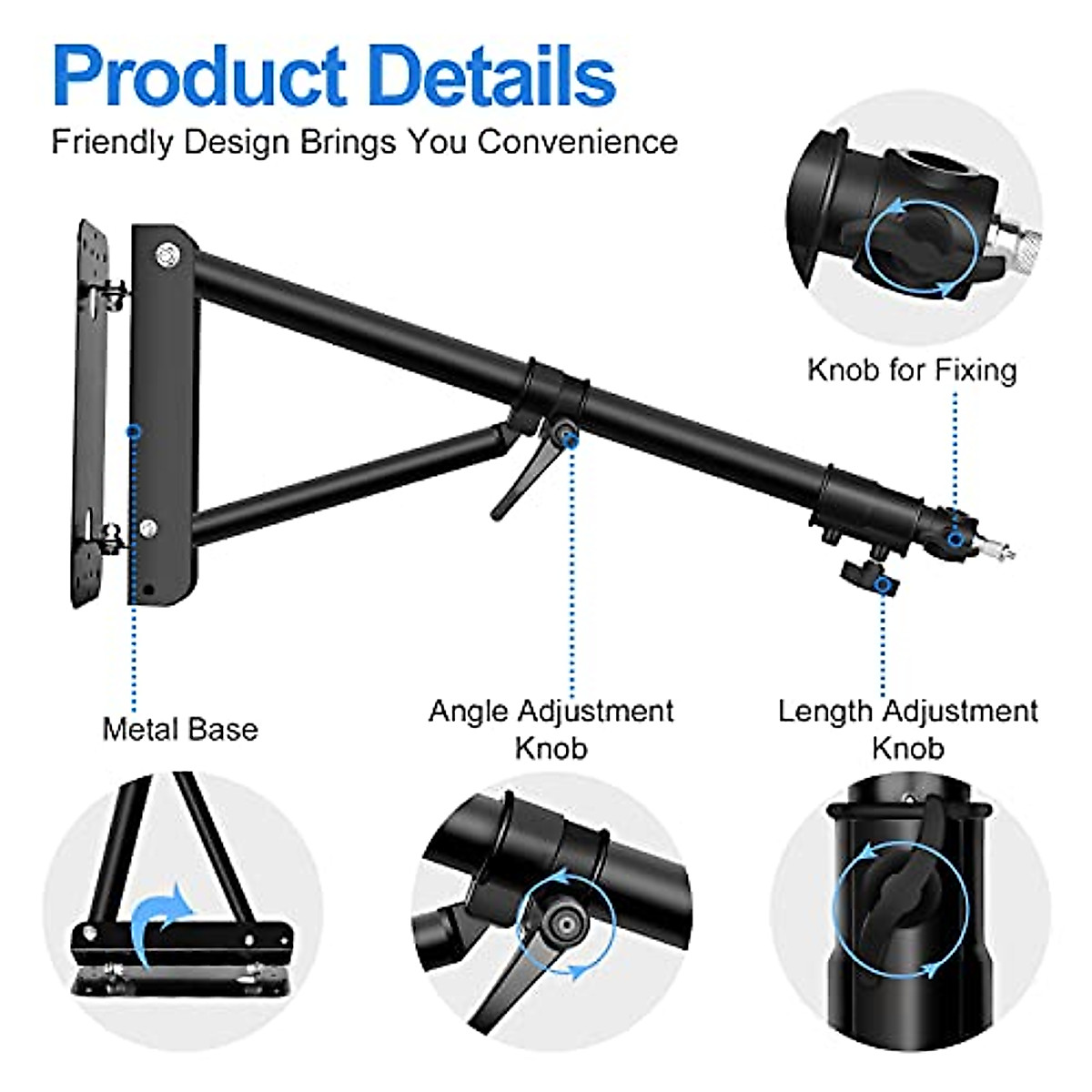 EMART Wall Mounting Triangle Boom Arm for Photography Ring Light Strobe Lighting Softbox Reflector Umbrella Monolight, Max Length 51.2 inches/130cm, Support 180 Degree Rotation (Black)