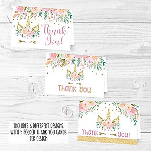 24 Unicorn Baby Shower Thank You Cards With Envelopes, Kids Thank-You Note, 4x6 Gratitude Card Gift For Guest Pack For Party, Birthday, For Girl Children, Cute Magical Pink Floral Event Stationery