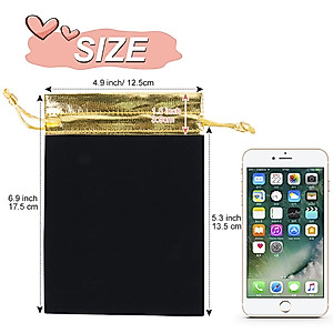 HRX Package 10pcs Velvet Bags with Drawstrings 5x7 inch, Black Gold Cloth Gift Pouches Baggies Sacks for Jewelry Dice Party Favor