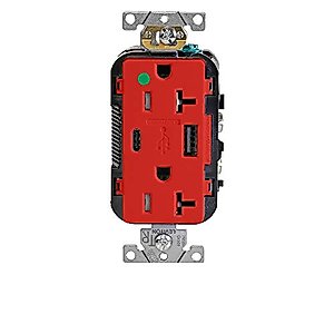 Leviton T5833-HGR Heavy-Duty Hospital Grade, Tamper Resistant, Type A-C USB Charger Receptacles, 20 Amp, Red