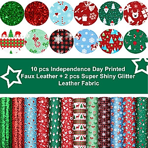 12 Pieces Christmas Faux Leather Sheets Christmas Pattern Synthetic Leather Sheets Glitter PU Faux Leather Fabric Sheets Santa Claus Printed Faux Leather Sheets for Handmade Crafts, 6.3 x 8.3 Inch