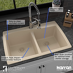 Karran QT-720 Drop-In Quartz Composite 34 in. 1-Hole 50/50 Double Bowl Kitchen Sink Kit in Bisque