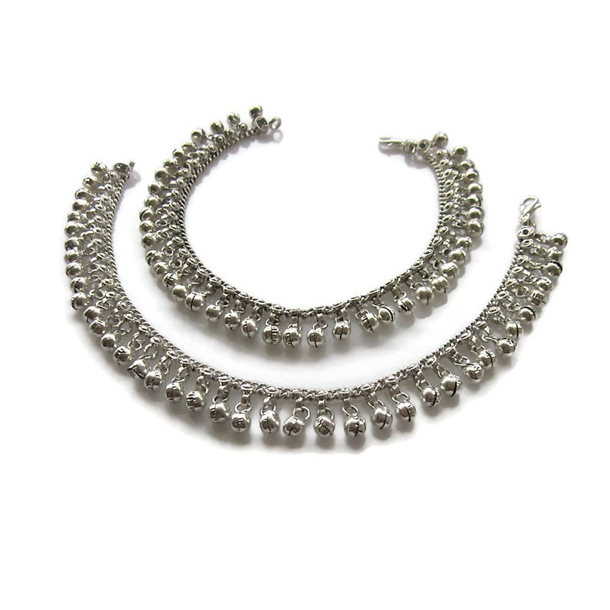 Anklet Pair Chain Bell Tassel Handcrafted | Boho Gypsy Goth Hippie Festival Vintage Style Ankle Bracelet Feet Jewelry | Womens Novelty Fashion Accessory | Indian Payal Metallic Silver Oxidized Finish