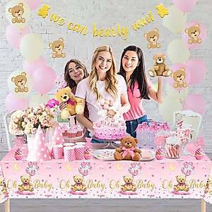 132 PCs Teddy Bear Baby Shower Decorations for Girl, Hombae Pink We Can Bearly Wait Baby Shower Decorations Backdrop Balloon Garland Glitter Banner Tablecloth Cake Cupcake Topper Box Cutout Sash