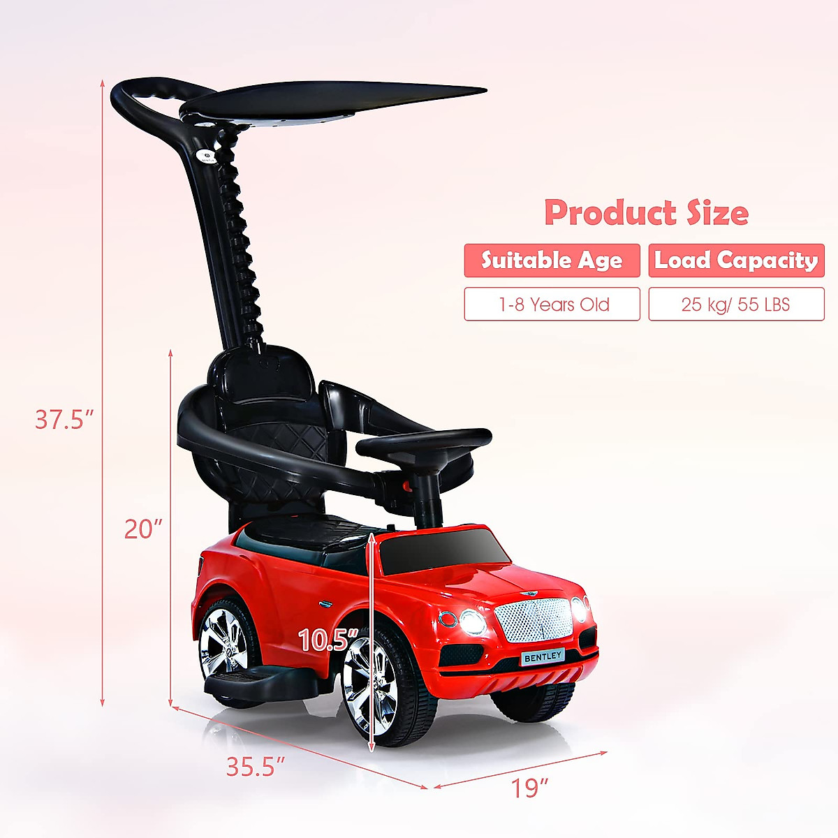 Costzon Push Cars for Toddlers, 3 in 1 Bentley Stroller Sliding Walking Car w/Canopy, Handle, Safety Bar, Cup Holder, Music, Underneath Storage, Foot-to-Floor Ride On Toy for Boys & Girls, Red