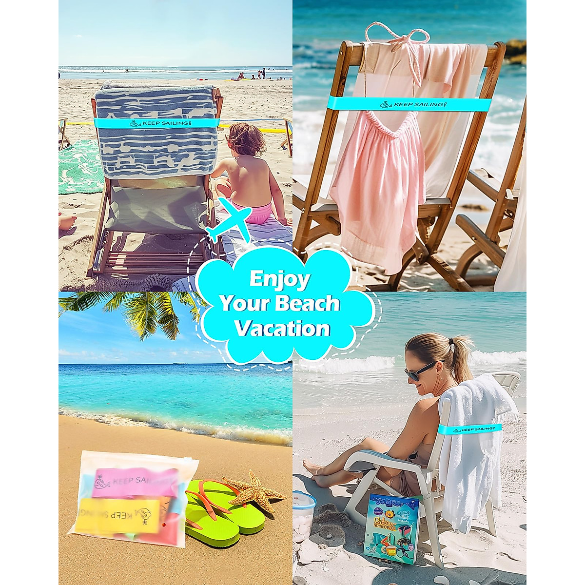 Beach Towel Bands, Stretch Rubber for Pool & Beach Chairs, Extra Durable, No Snapping, Cruise Ship & Beach Travel Essentials, Great Alternative to Beach Towel Clips (6 Pack)