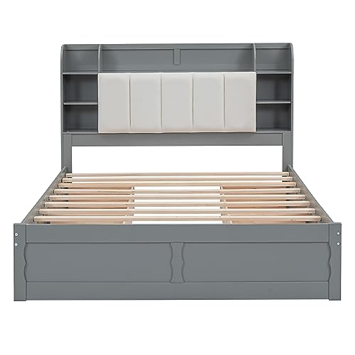 Rhomtree Queen Size Platform Bed, Storage Bed with Storage Headboard, Shelves and 4 Drawer, Wood Bed Frame, Platform Bed, No Box Spring Needed, Easy Assembly(Gray, Queen)