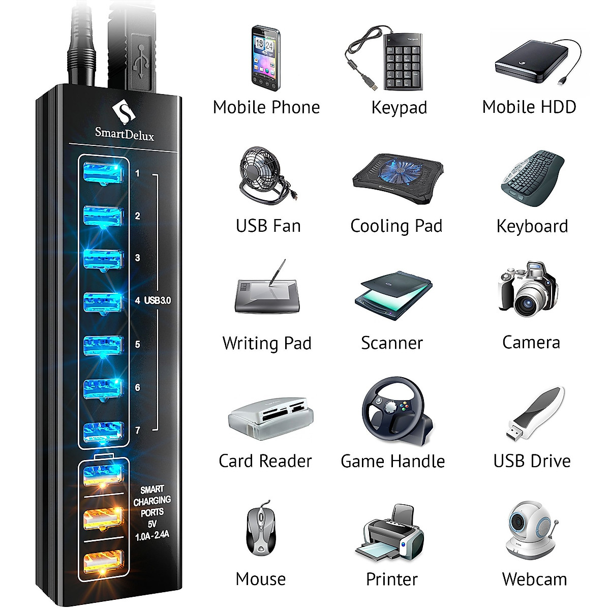 SmartDelux Powered USB Hub - USB 3.0 Ports Hub with 3 Smart Charging Ports, Power Adapter, Long Cord, LEDs (10-Port USB Hub)