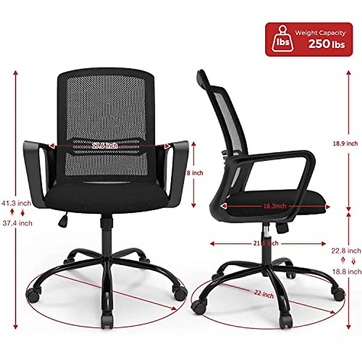 Office Chair Desk Chair Home Office Desk Chairs with Wheels, Mid Back Ergonomic Mesh Office Chair Computer Chair with Armrests for Adults, Teens
