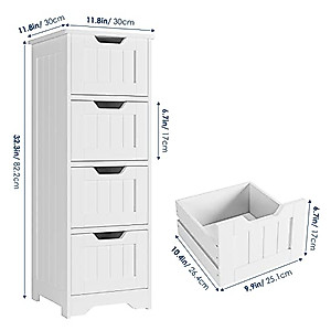 FOTOSOK Bathroom Storage Cabinet, Side Cabinet with 4 Drawers, 11.8” x 11.8” x 32.5” Freestanding Bedside Table Entryway Cupboard Storage Organizer Unit Home Furniture Decor, White