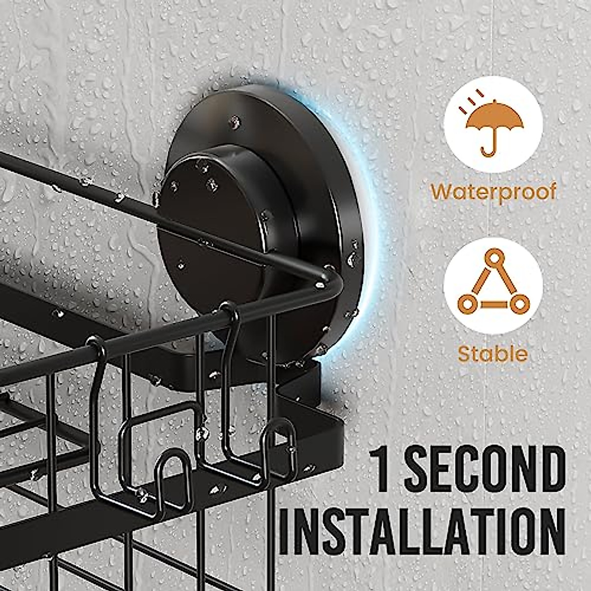 LEVERLOC Corner Shower Caddy Suction Cup with Hooks 2 Pack No-Drilling Rotating Removable Shower Caddy Basket, Stainless Steel Shower Shelves,Rustproof Organizer for Bathroom Storage,Black