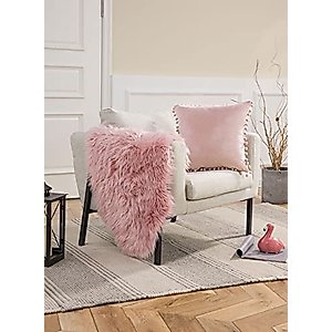 Ashler Home Deco Soft Faux Sheepskin Fur Rug Pink Fluffy Area Rug & Throw Pillow Covers with Pom