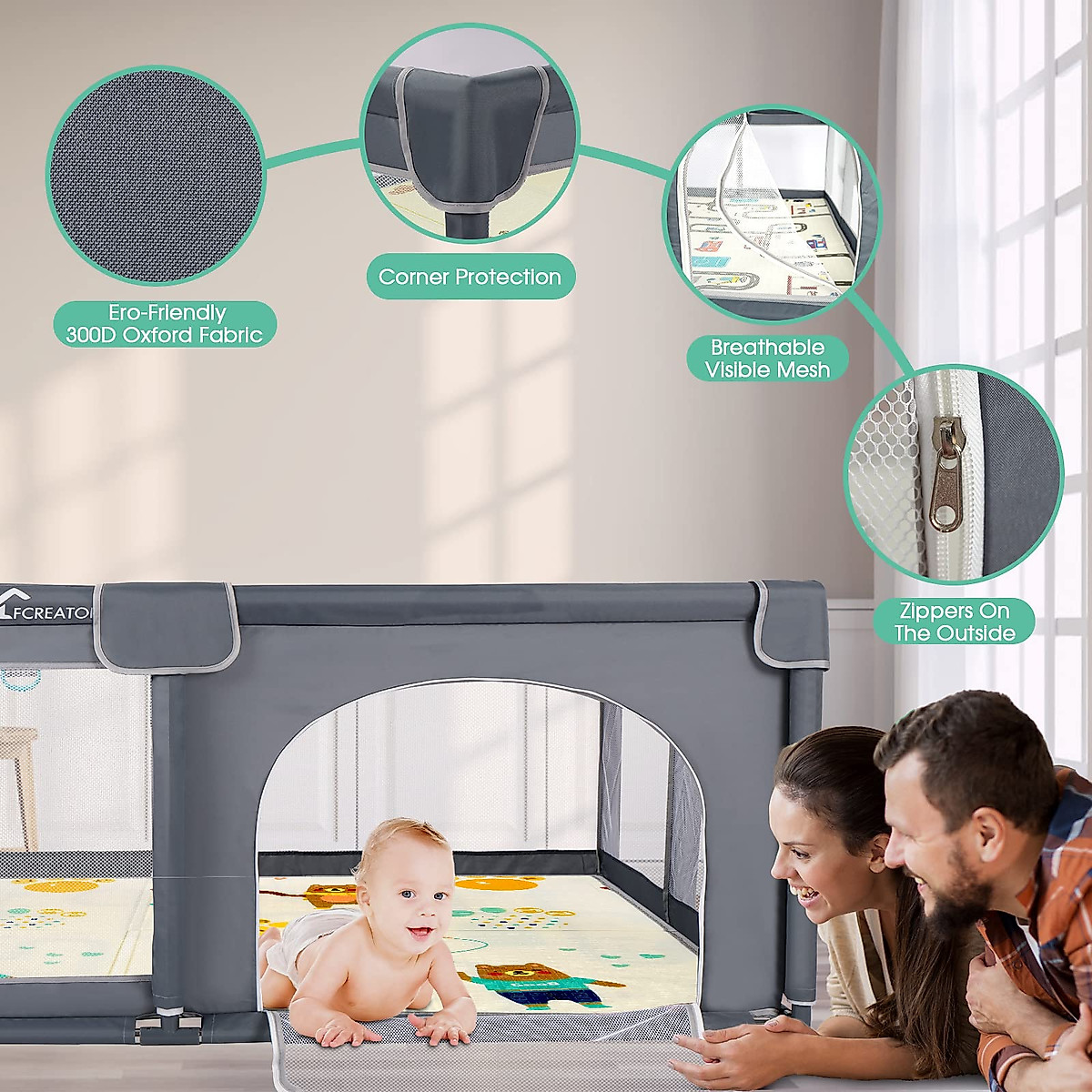 LFCREATOR Baby Playpen with Mat,Playpen for Babies and Toddlers, Large Baby Play Yard for Indoor&Outdoor，BPA-Free,Safe No Gaps Baby Activity Center 50 * 50 * 27" with 0.4" Foldable Playmat