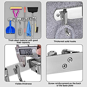 Mop and Broom Holder Wall Mount, SullWaker 3 Position with 4 Hooks Can Hold 7 Tools Stainless Steel Broom Organizer Wall Mount, Storage Hook Suitable for Home, Kitchen, Bathroom, Garage 1 Pack