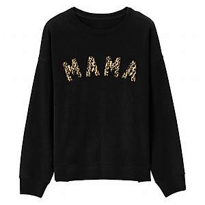 Tomteamell Women's Mama Crewneck Sweatshirts Long Sleeve Cheetah Print Leopard Mom Shirts XL Black