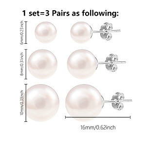 Lancharmed Sterling Silver Pearl Stud Earrings for Women AAA White Pearl Studs Hypoallergenic Pearls Studs Set(6/7/9 mm)