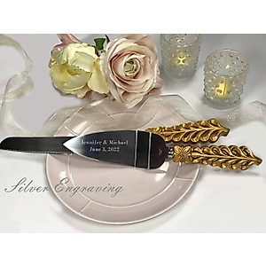 FASHIONCRAFT Personalized, ENGRAVED Gold Lattice Wedding Cake Serving Set - Knife & Server, Silver Engraving