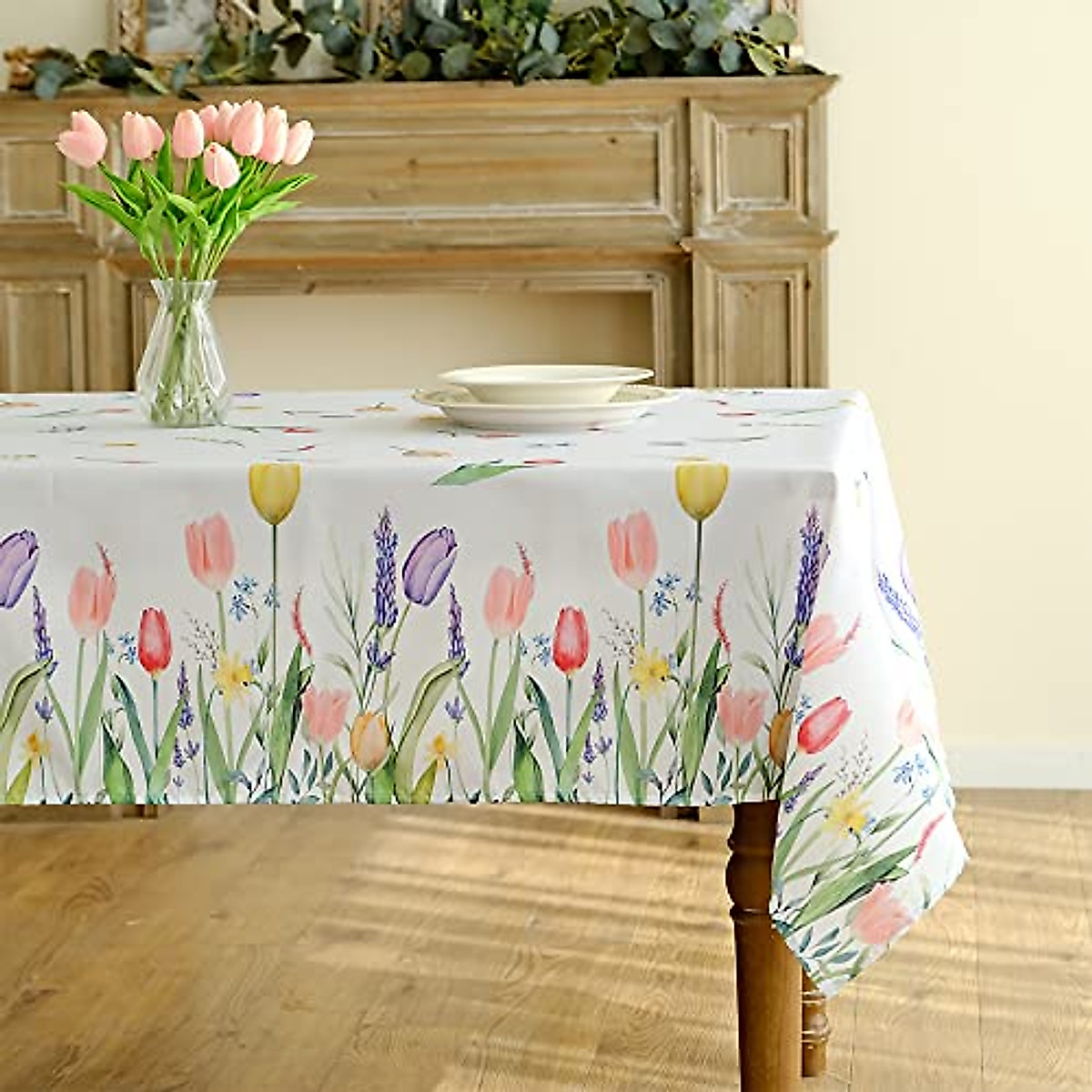 GEEORY Spring Easter Floral Tablecloth Rectangle 60X84 Inch Yellow Tulip Summer Decor Indoor Outdoor Seasonal Table Cover for Home Kitchen Dining Table ATC005