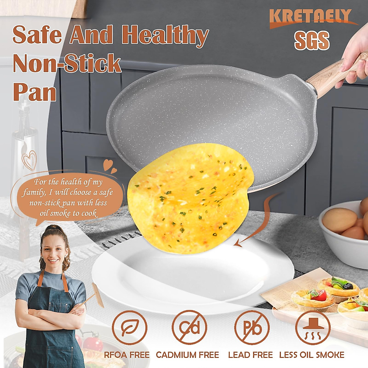 KRETAELY Crepe Pan Nonstick Crepe Maker with Spreader Dosa Pan Pancake Frying Pan with Granite Coating 10.5 inch Pancake Pan Induction Compatible PFOA Free