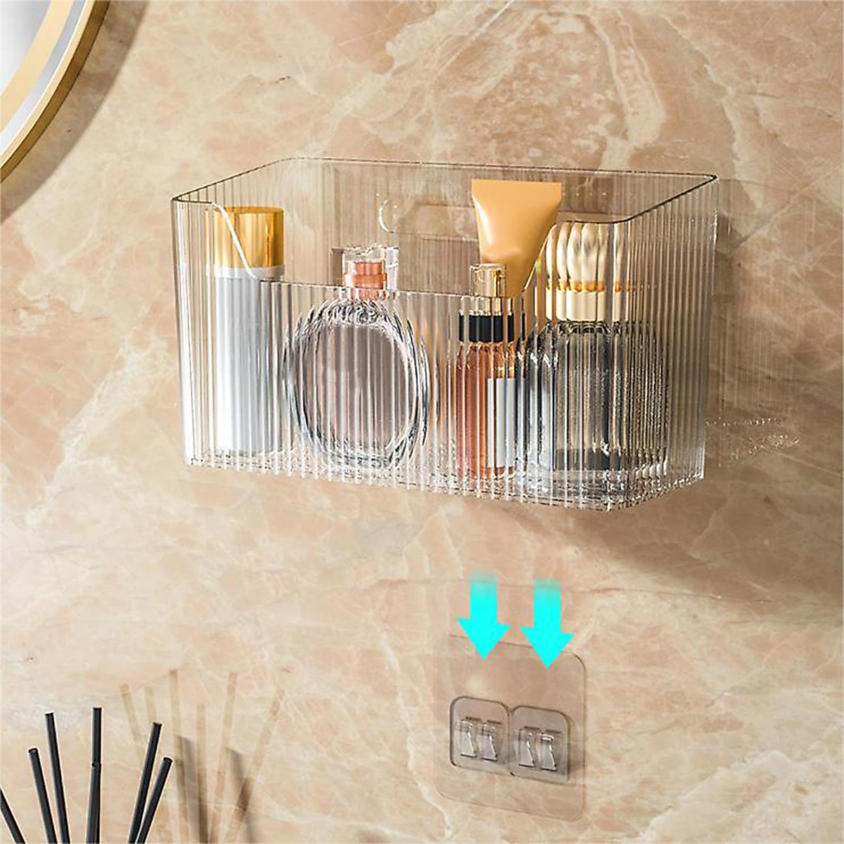 Adhesive Shower Caddy - Shower Shelves - Wall Mounted Small Storage Organizer Box - Plastic Basket, Bottom Open Drains Water, No Drilling, for Bathroom, Pantry, Kitchen, Laundry, Utility Room