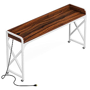 Tribesigns Over Bed Table with Wheels, 70.8" Overbed Desk with Outlet & USB, Mobile Queen Size Bed Table with White Metal Legs for Bedroom, Rolling Tray Table for Living Room, Hospital, Dark Walnut