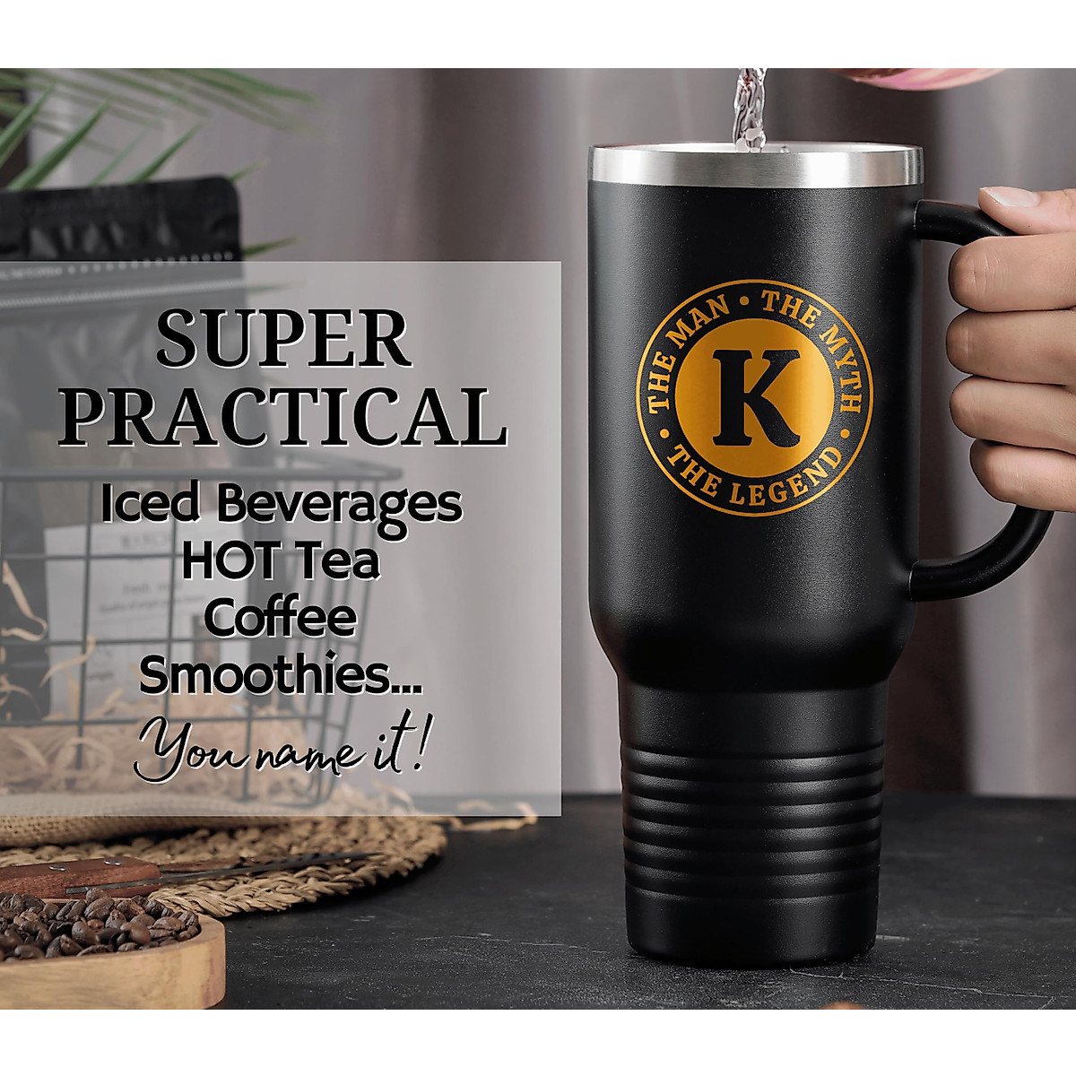 the Man the Myth the Legend, Monogrammed 40oz Tumbler with Handle for Men, Funny Personalized Travel Mug, Unique Birthday Christmas Gifts for Him, E