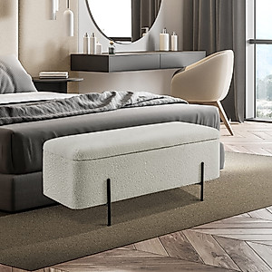 MCombo Storage Ottoman Bench, Teddy Fabric Upholstered Footstool with Storage Space, Bed End Bench for Bedroom, Living Room, Entryway W709 (White)