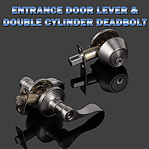 Knobonly 5 Pack Wave Style Door Handleset Locksets, Entrance Door Levers with Double Cylinder Deadbolts in Satin Nickel Finish, All Keyed Alike Front/Entry Doors