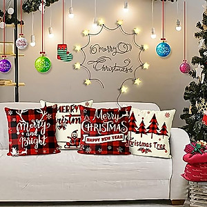 Christmas Decorations Pillow Covers 18x18 Set of 4 Red Black Buffalo Check Plaid Pillow Cases Christmas Decor Pillow Covers for Sofa Couch Christmas Decorations Clearance Indoor Outdoor Farmhouse