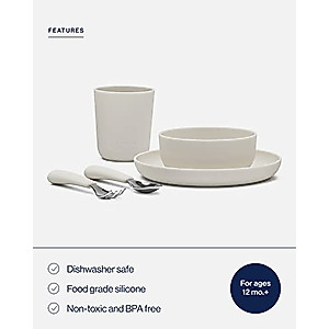 Lalo Big Bites Kids Dinnerware Starter Set - Dishwasher Safe, BPA Free, Kids Tableware Set - Includes Stackable Bowl, Plate, Utensils & Cup - 5 Pieces - Oatmeal