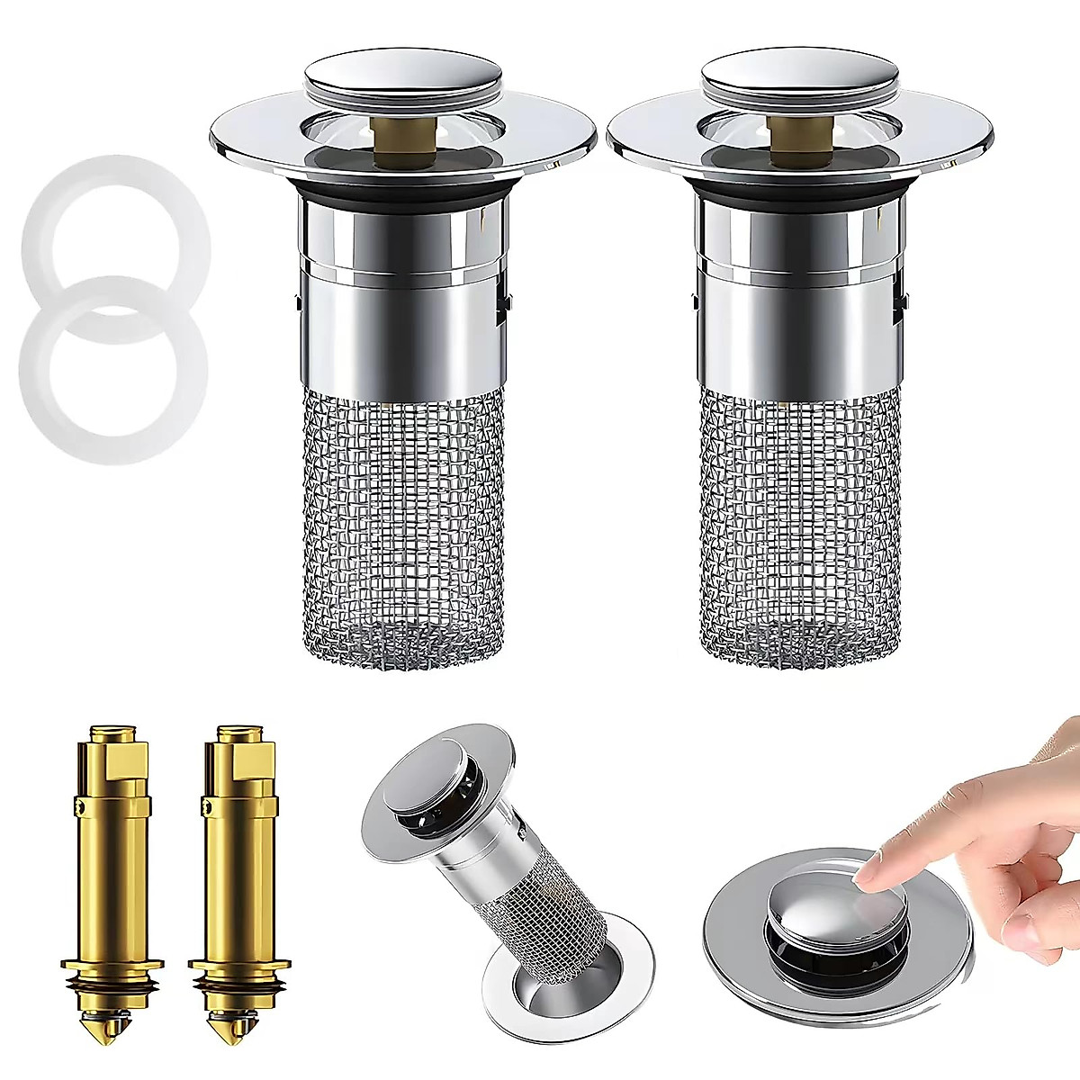 2 Piece Bathroom Sink Drain Filter, Bathroom Sink Sewer Filter, Pop-Up Sink Plug, Stainless Steel Filter Basket Hair Collector for Bathroom Sink Plug Replacement