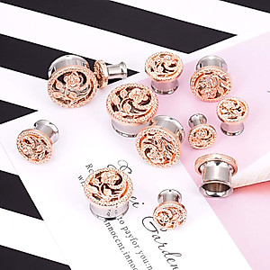 Stuppendux Stainless Steel Gold Diamond Rose Double Flared Flesh Ear Tunnels Plugs Stretcher Expander Kit Gauge 0g 8mm