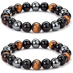 WFJ Black Obsidian Hematite Triple Protection Bracelet Tiger Eye Beads Bracelets for Men and women（10MM）, Set of 2 black,gray 19cm