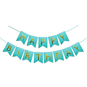 Teal Glitter Gold Happy Birthday Banner Sign Turquoise Aqua Decorations for Girls Men Women Anniversary Birthday Party Garland Backdrop Supplies Nursery Hanging Décor