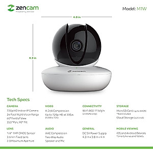 Zencam WiFi Camera, Pet Dog Camera, Nanny Cam with Two-Way Audio, Baby Monitor with Cell Phone App, Pan/Tilt Wi-Fi Wireless IP Camera, 2.4Ghz Only, Micro SD Card, RTSP, Cloud, Night Vision, M1W