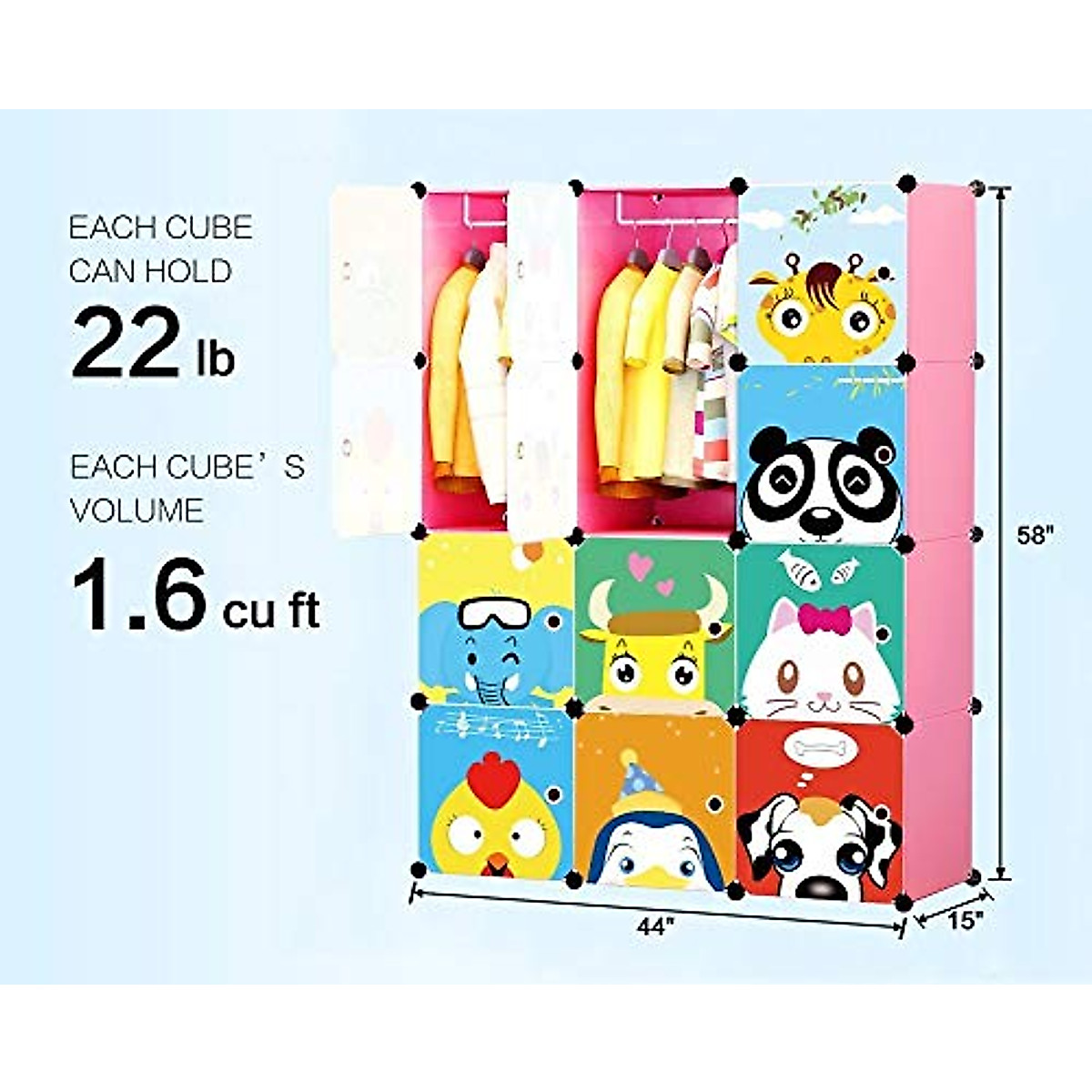 MAGINELS Children Wardrobe Kid Dresser Cute Baby Portable Closet Bedroom Armoire Clothes Hanging Storage Rack Cube Organizer,(Pink, 8 Cube & 2 Rod)