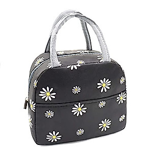 Sonuimy Insulated Lunch Bag Women, Reusable Cute Tote Lunch Box for Adult & Men, Leakproof Cooler Lunch Bags for Work Office Travel Picnic (Black with White Daisy)