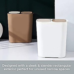 Dual Compartment Trash Can - Nordic Style Trash and Recycling Combo - Double Trash Can with Separate Pop Up Trash Bin Lids - Slim Garbage Can - Kitchen Recycle Bin - 10.2x7.1x13.2in White Trash Can