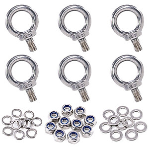 36Pcs 304 Stainless Steel M6 Male Thread Lifting Ring Eye Bolt Kit, Including 6Pcs M6 Eye Bolt with 10Pcs Lock Nuts, 10Pcs Lock Washers and 10Pcs Flat Washers