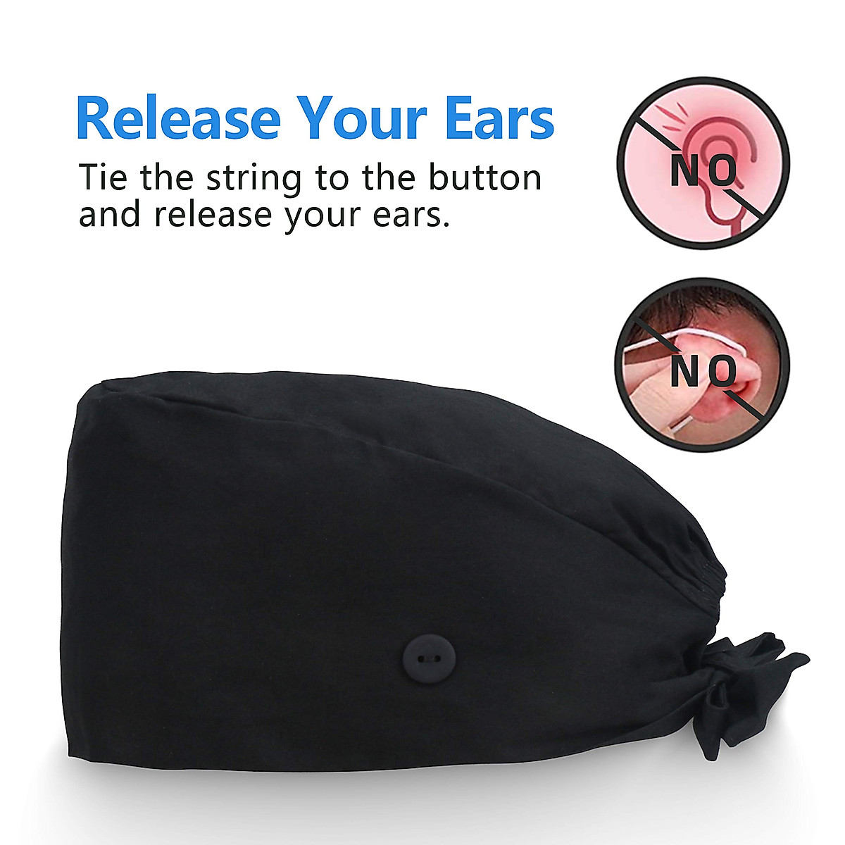 QBA Adjustable Working Cap with Button, Cotton Working Hat Sweatband, Elastic Bandage Tie Back Hats for Women & Men, One Size (2 Pack: Black 2 PCS)