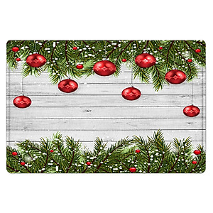 LB Red Christmas Ball Bathroom Rug Green Pine Tree Leaves Bath Mat Farmhouse Grey Wood Doormat Non Slip Memory Foam Super Absorbent Floor Mats,24Wx16H Inch