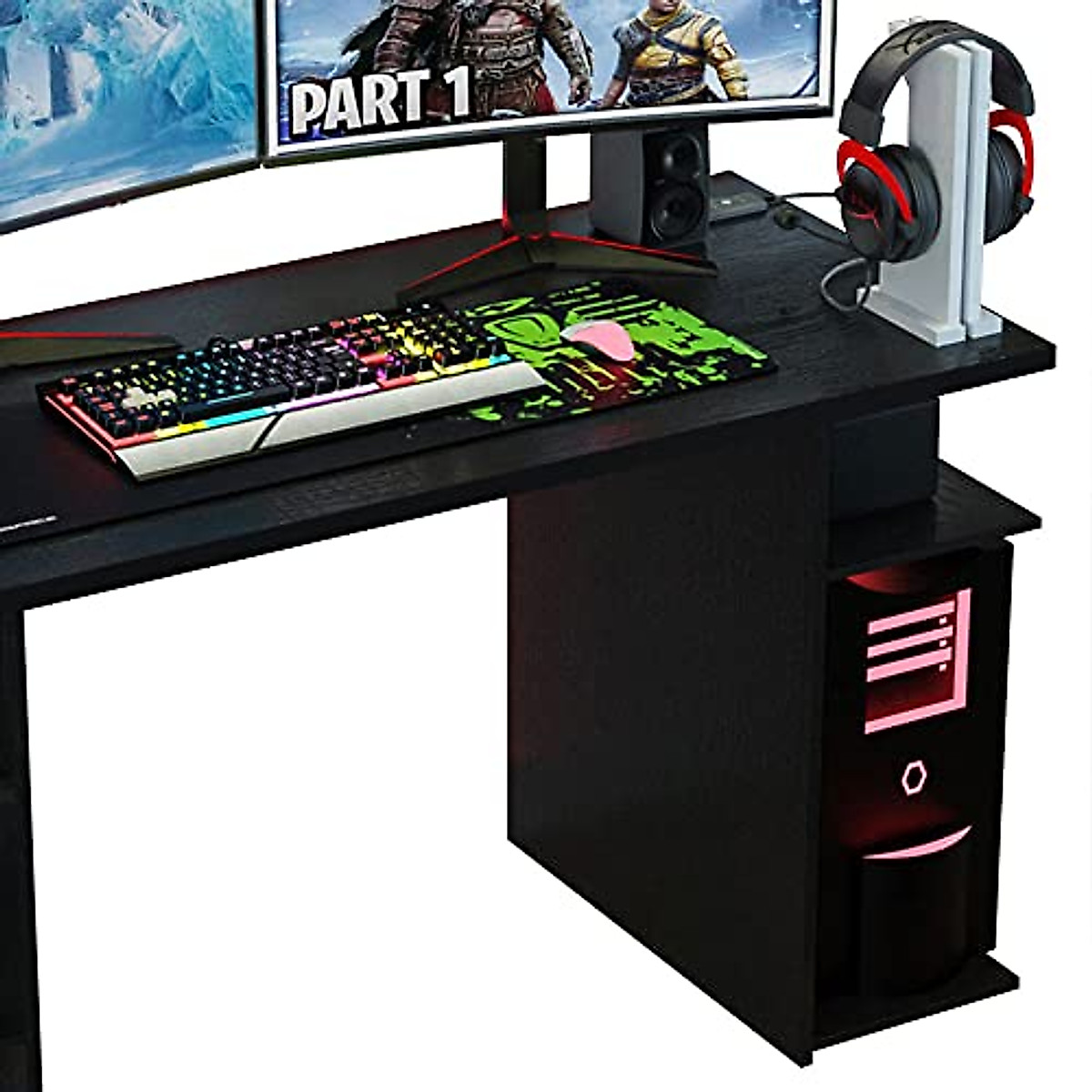 Madesa Gaming Computer Desk with 5 Shelves, Cable Management and Large Monitor Stand, Wood, 24" D x 53" W x 29" H - Black
