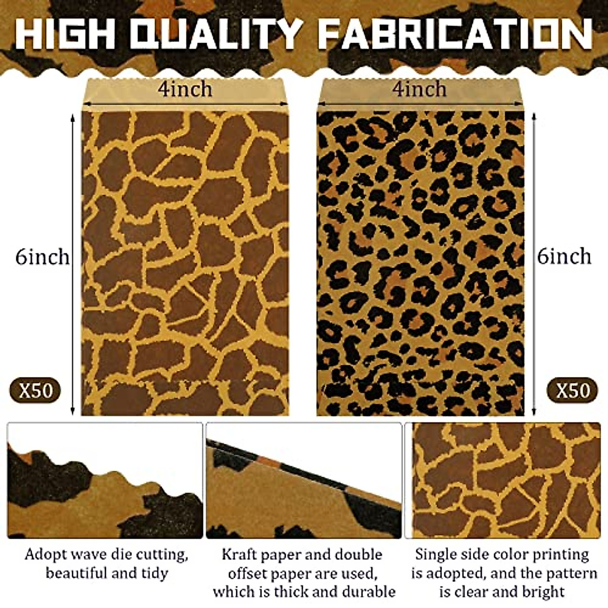 100 Pieces Jungle Animal Kraft Paper Bags Leopard Zebra Giraffe Print Paper bags Small flat plain Paper Treat Bags for Candy, Cookies, Merchandise, pens, Party Favors, 4 x 6 Inches