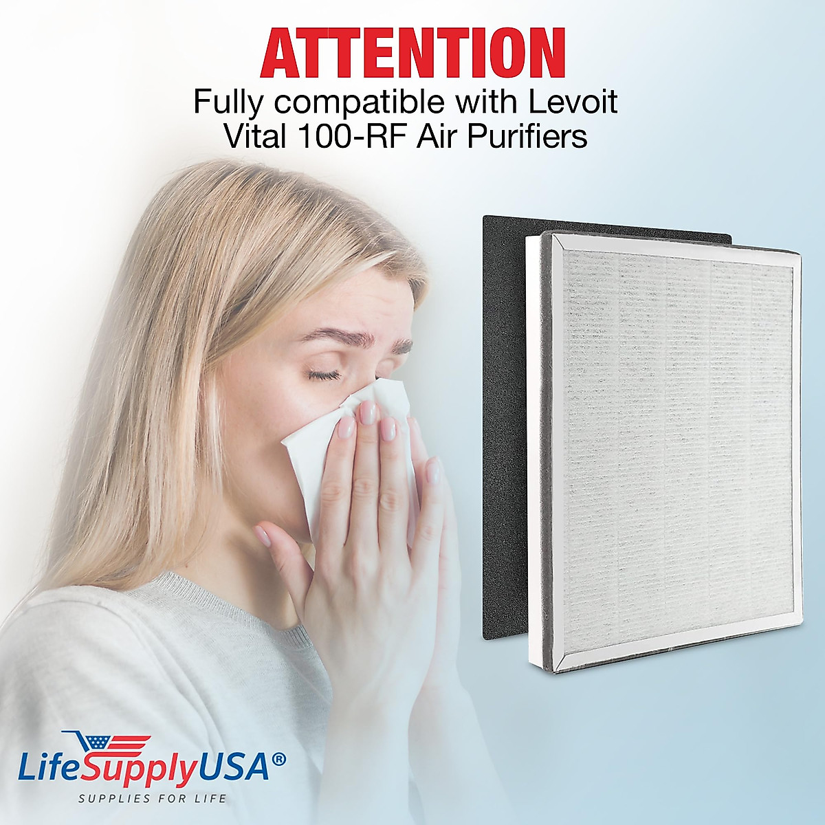 LifeSupplyUSA 1 HEPA filter + 1 Carbon Filter Compatible Replacement for Levoit Vital 100-RF Air Purifier