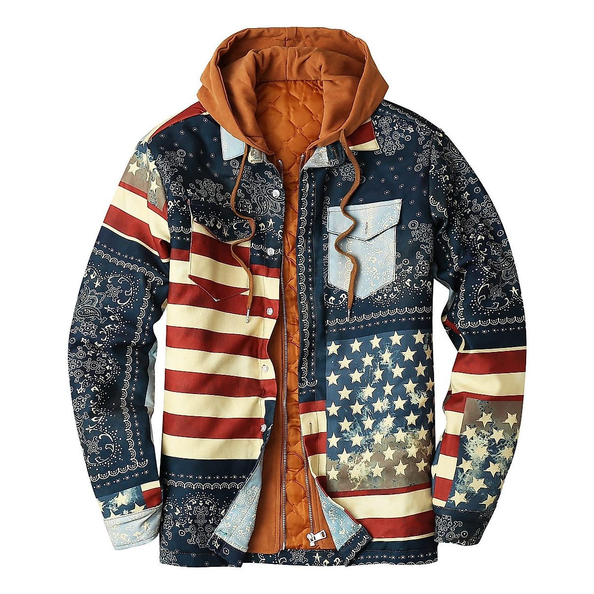 Men Casual Autumn and Winter Retro Print Hooded Zipper Pocket Long Sleeve Shirt Color Blocking Jacket (Multicolor, XL)