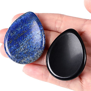 2PCS Thumb Worry Stone Lapis Lazuli Obsidian Healing Crystals Sets Hand Carved Stones Gemstone Pocket Natural Stone Meditation Reiki Water Drop Shaped Palm Stone for Anxiety Therapy