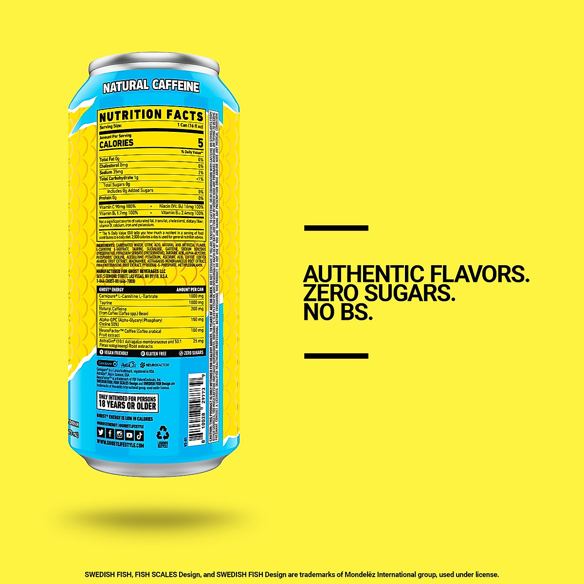 GHOST Energy Drink - 12-Pack, Swedish Fish, 16oz Cans - Energy & Focus & No Artificial Colors - 200mg of Natural Caffeine, L-Carnitine & Taurine - Gluten-Free & Vegan